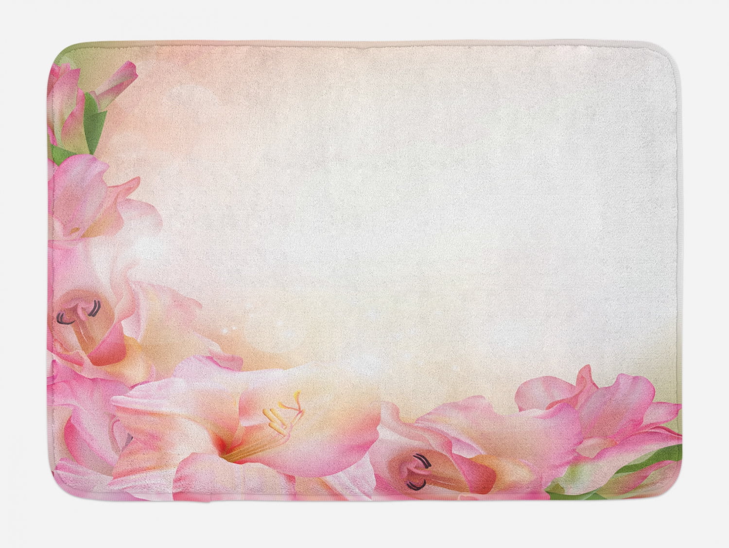 Pink and White Bath Mat, Orchid Blossoms Corner Ornament on a Dreamy ...