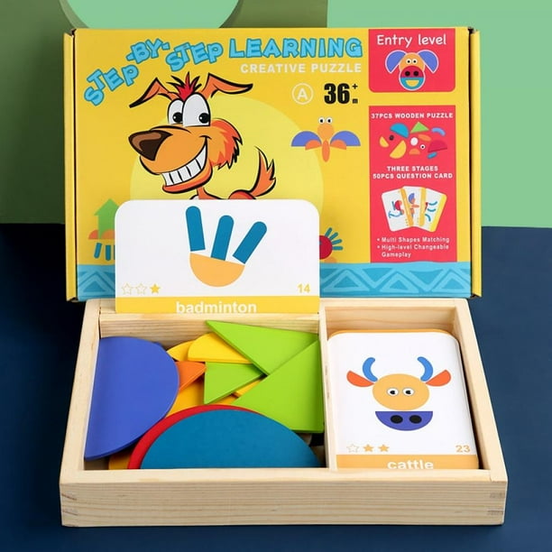 Wooden Pattern Blocks - Tangram Shape Puzzle Set, Color Sorting ...