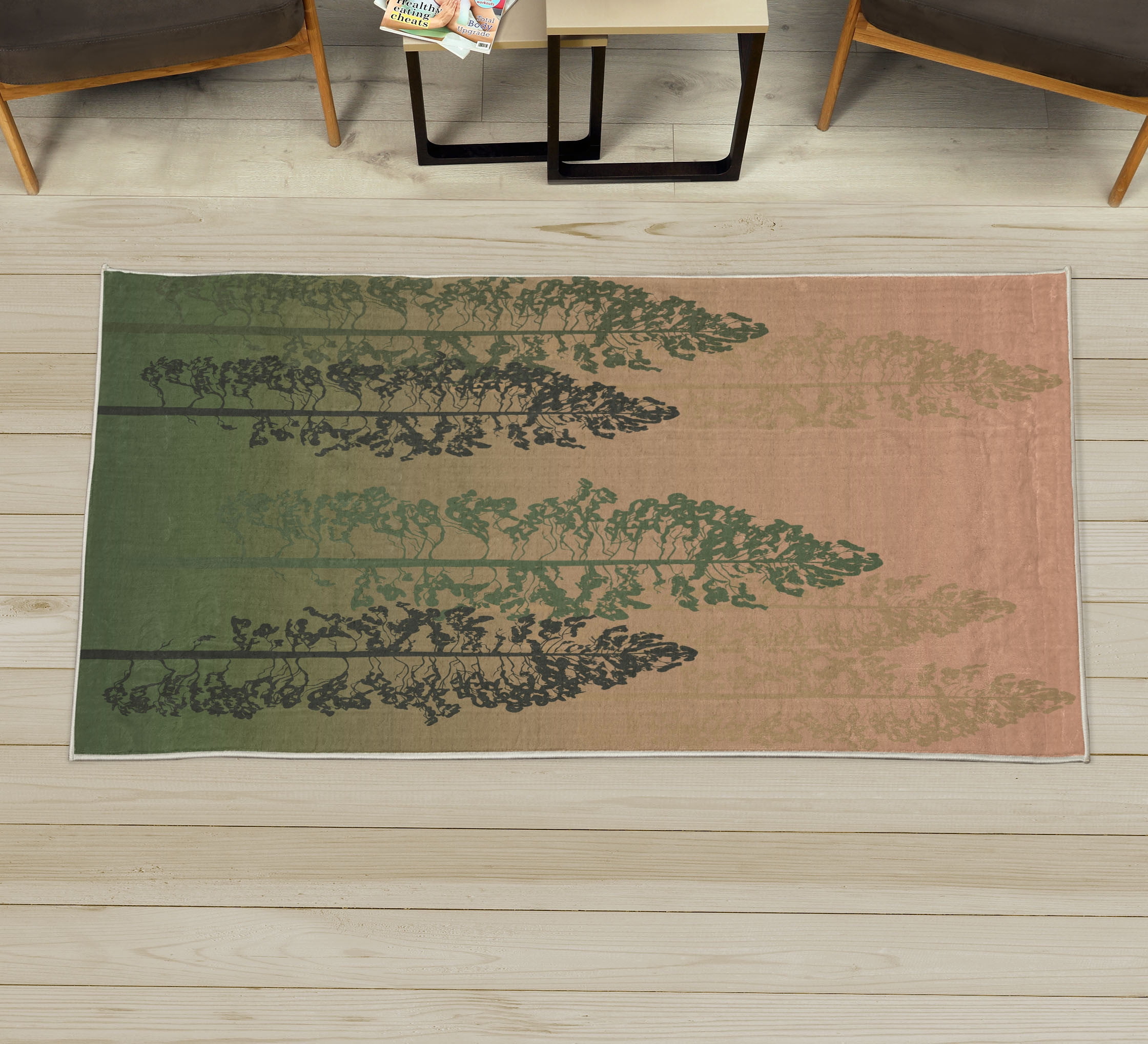 Country Decorative Rug, Pine Trees in the Forest on Foggy Seem Ombre ...