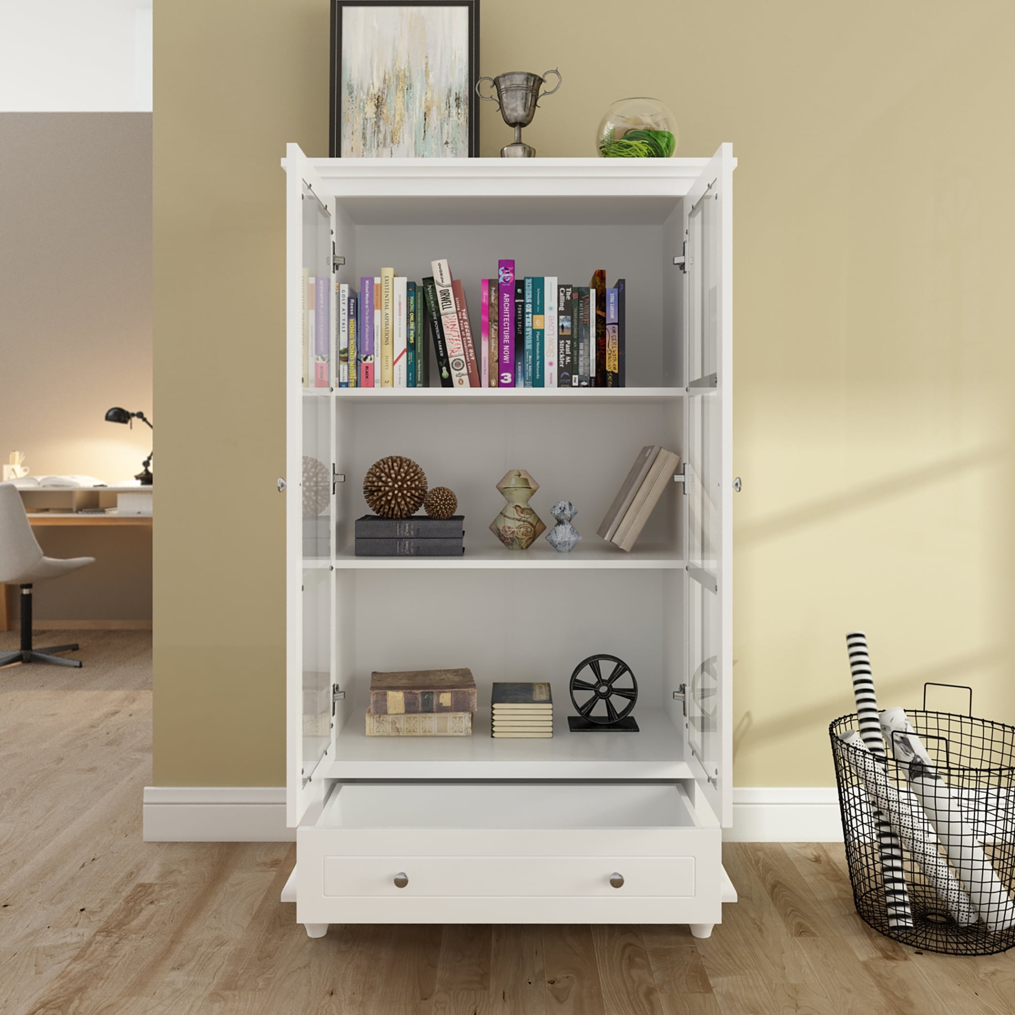 55 Tall Wood Storage Bookcase White Display Cabinet with Glass Doors and Drawers for Home Office Living Room Walmart