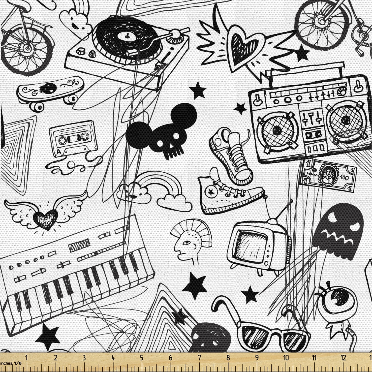 Black and White Upholstery Fabric by the Yard, Punk Teenage Pattern ...