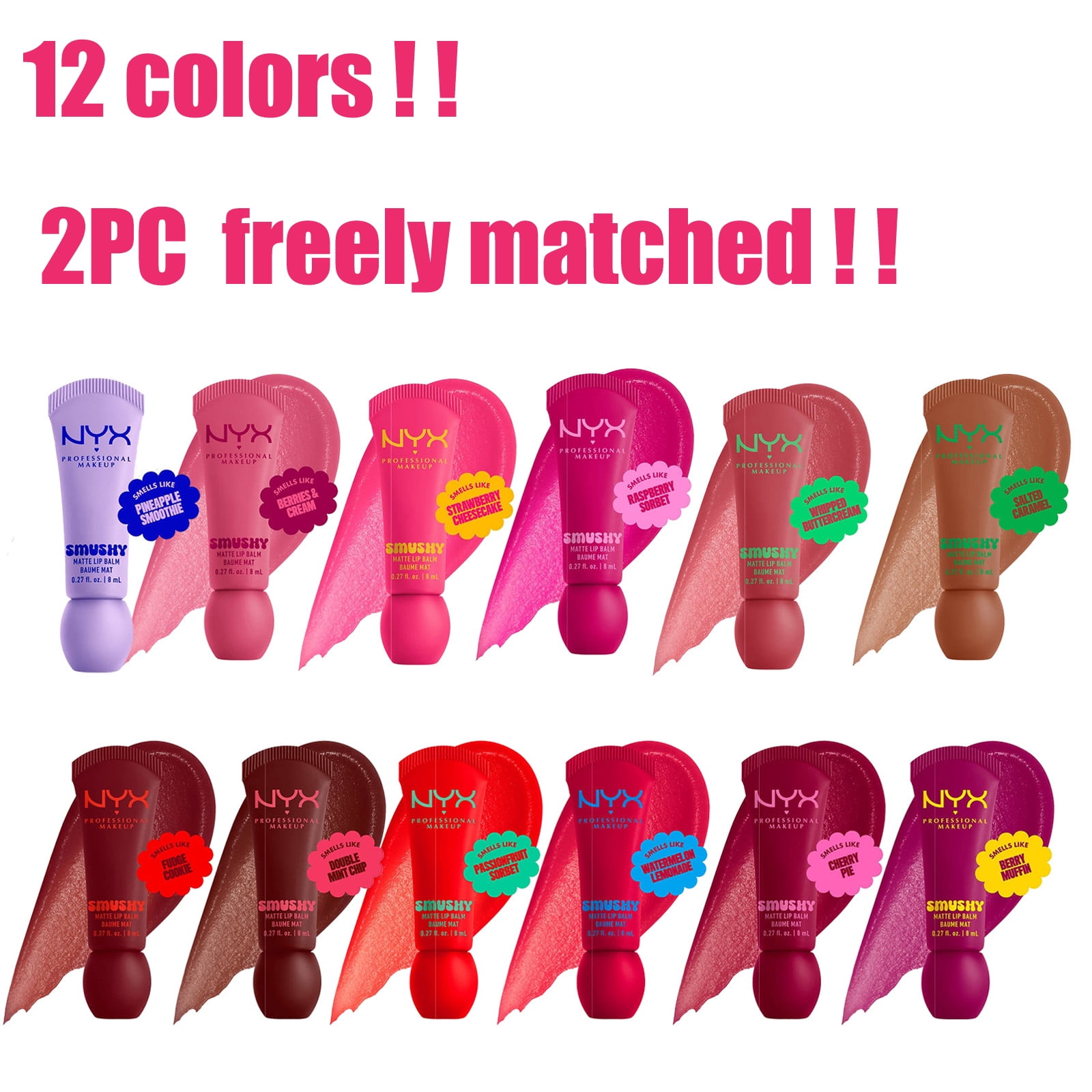 NYX Smushy Soft Matte Lip Balm, 12-Scented Lip Balm Shades with Blurring Finish, Soft-Matte ...
