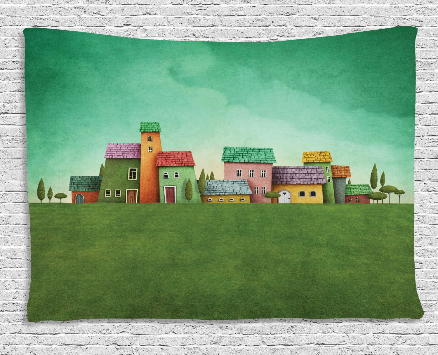 Mural Tapestry, A Village of Abstract Shaped Colorful Houses and Bushy ...