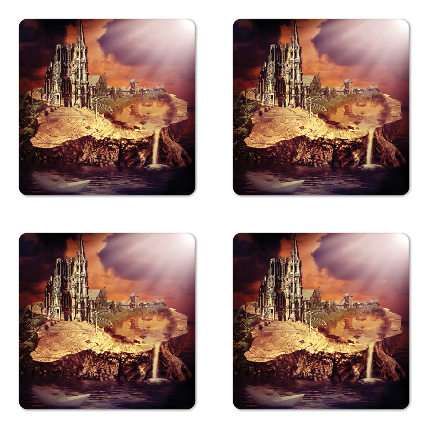 Gothic Coaster Set of 4, Fantasy Castle and Village on Stump in the ...