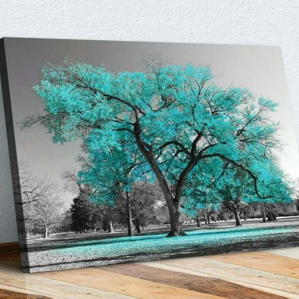 Jlong Teal Tree Canvas Wall Art Turquoise and Grey Tree Blossom Picture ...