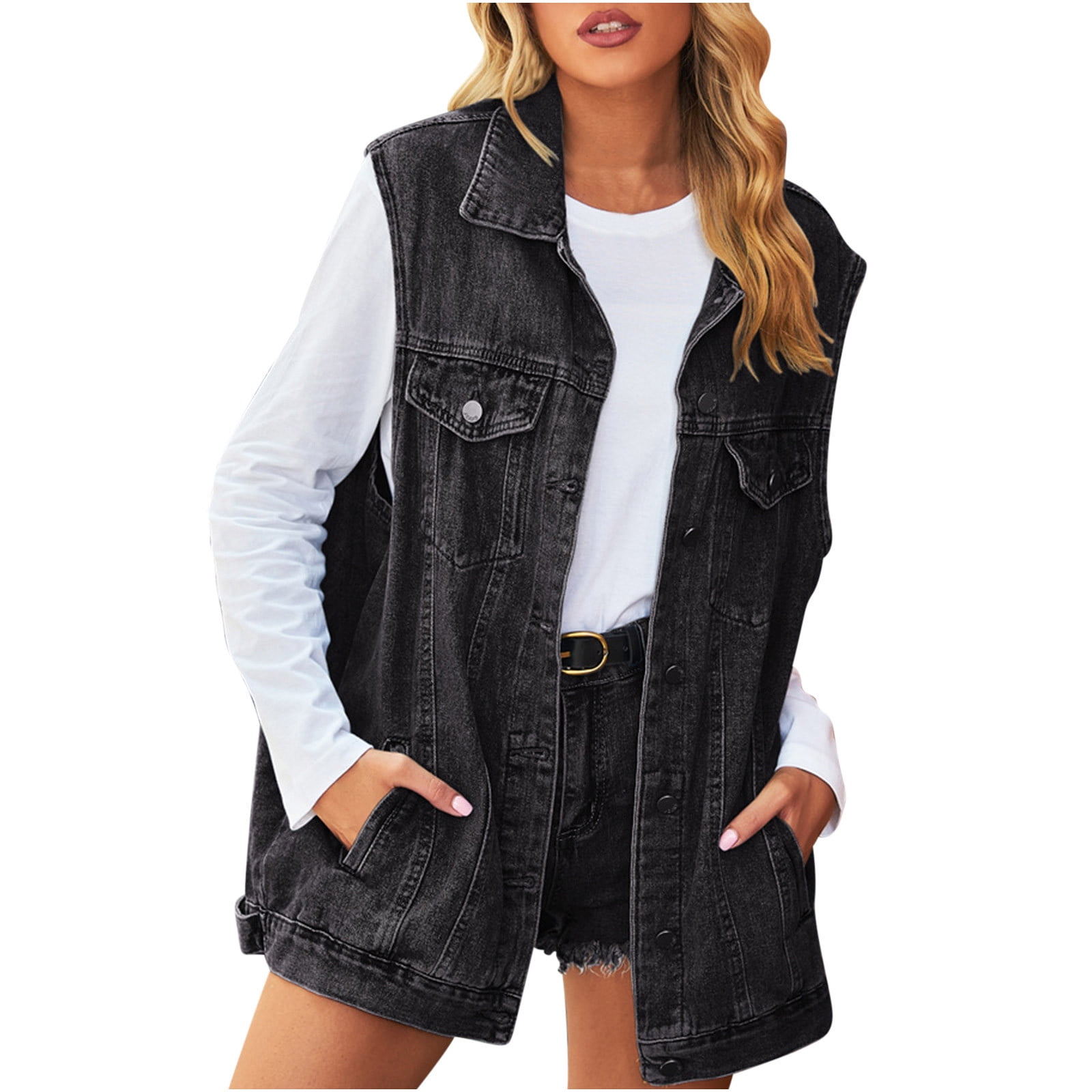APEXFWDT Women's Oversized Denim Vest Mid Long Jean Vest Buttoned ...
