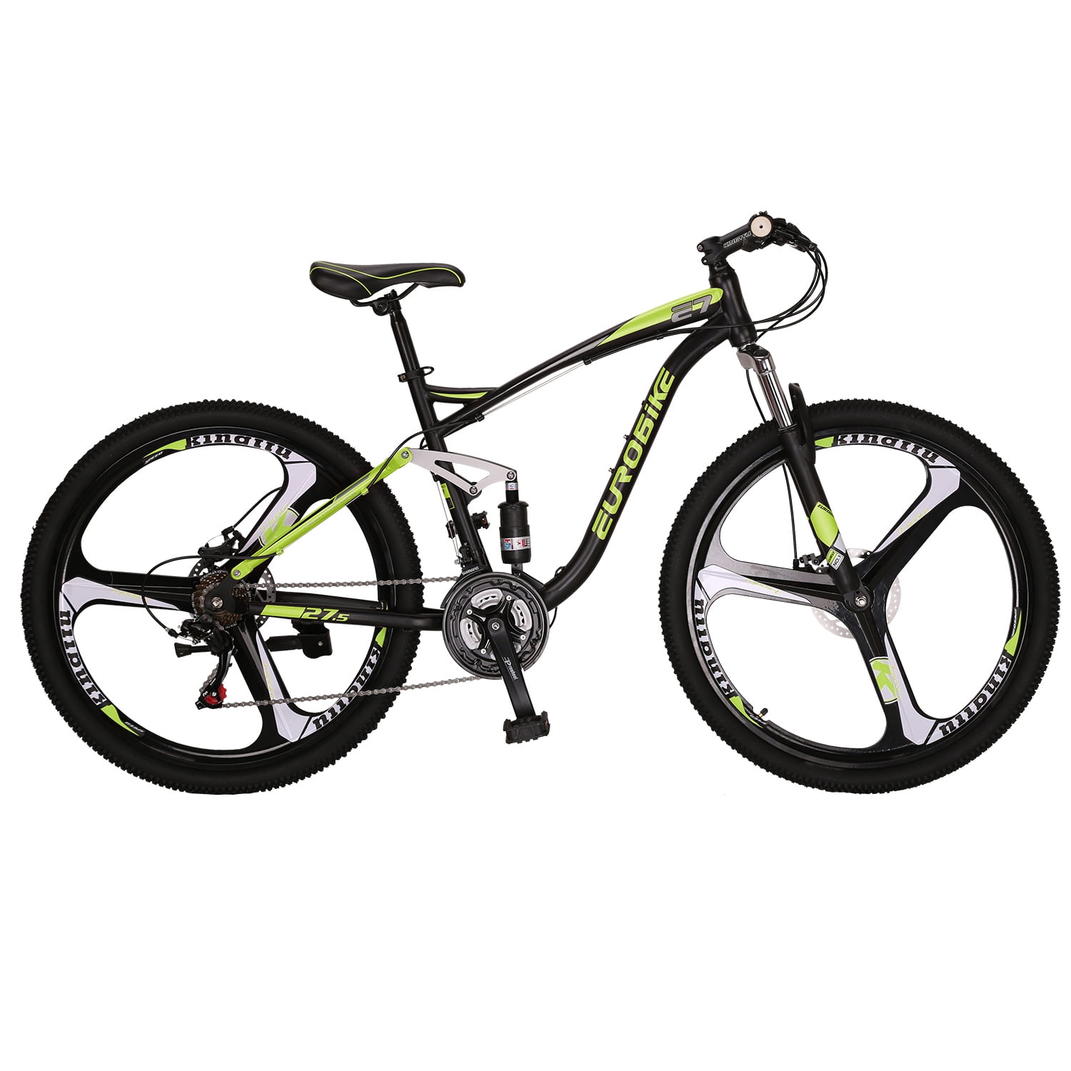 Eurobike E7 Full Suspension Mountain Bike, 18 inch Frame, 27.5 Inch 3-Spoke Wheels, 21 Speed ...