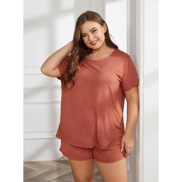 ZFSOCK Plus Size Pajamas for Women Summer Short Sleeve Round Neck Loungewear Sleepwear Comfy Two ...
