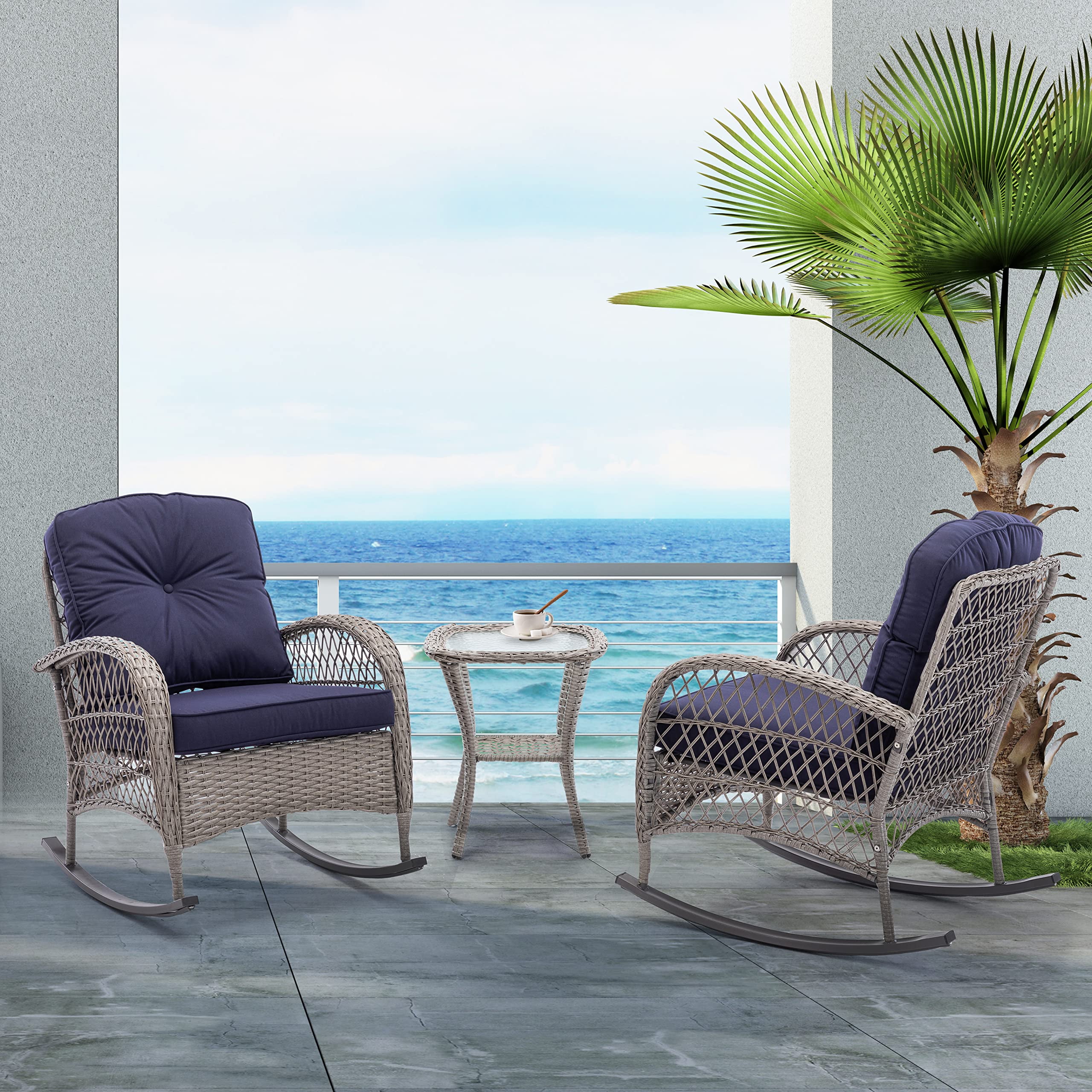 3 Pieces Patio Rocking Chair Set, Modern Outdoor Conversation Set ...