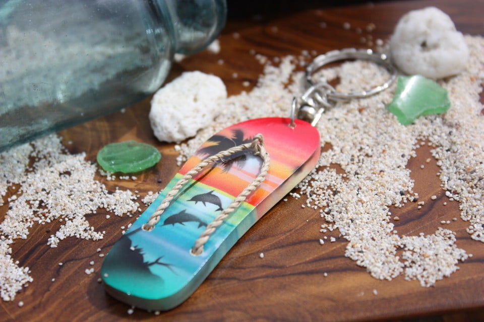Keychain Slipper w/ Dolphin and Palm Trees #4 - Hawaiian Style ...