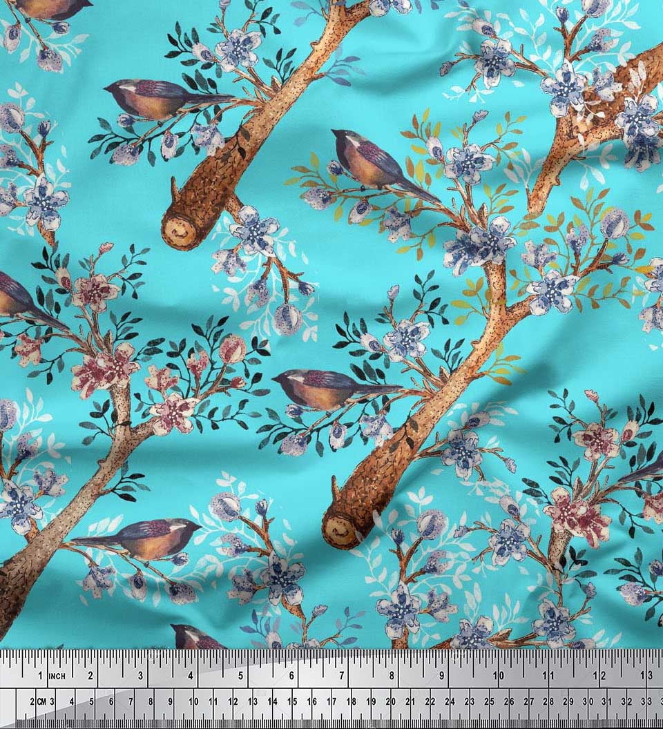 Soimoi Green Japan Crepe Satin Fabric Blue Floral & American Robin Bird ...