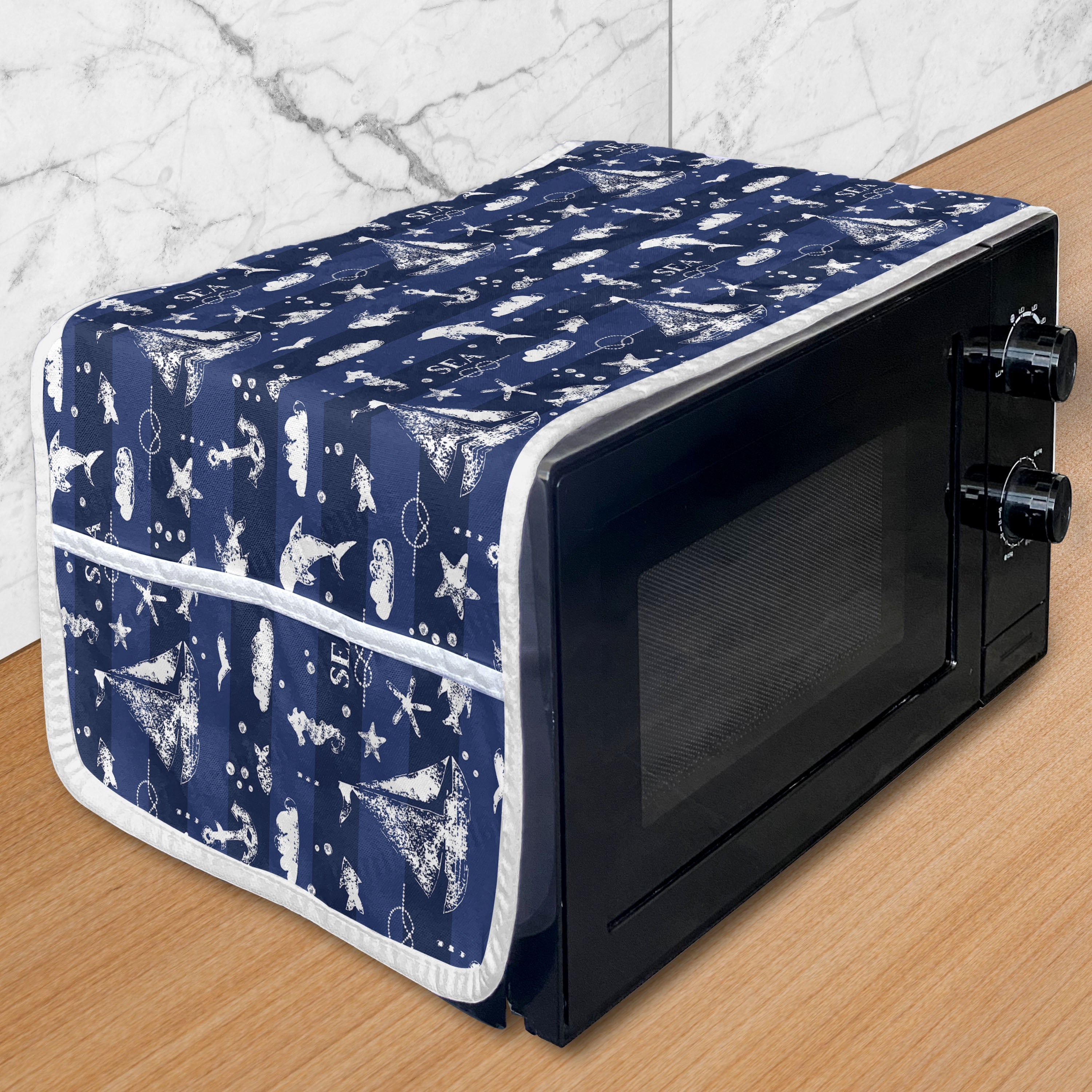 Navy Blue Microwave Oven Cover, Sailboat Vertical Stripe Pattern Anchor ...