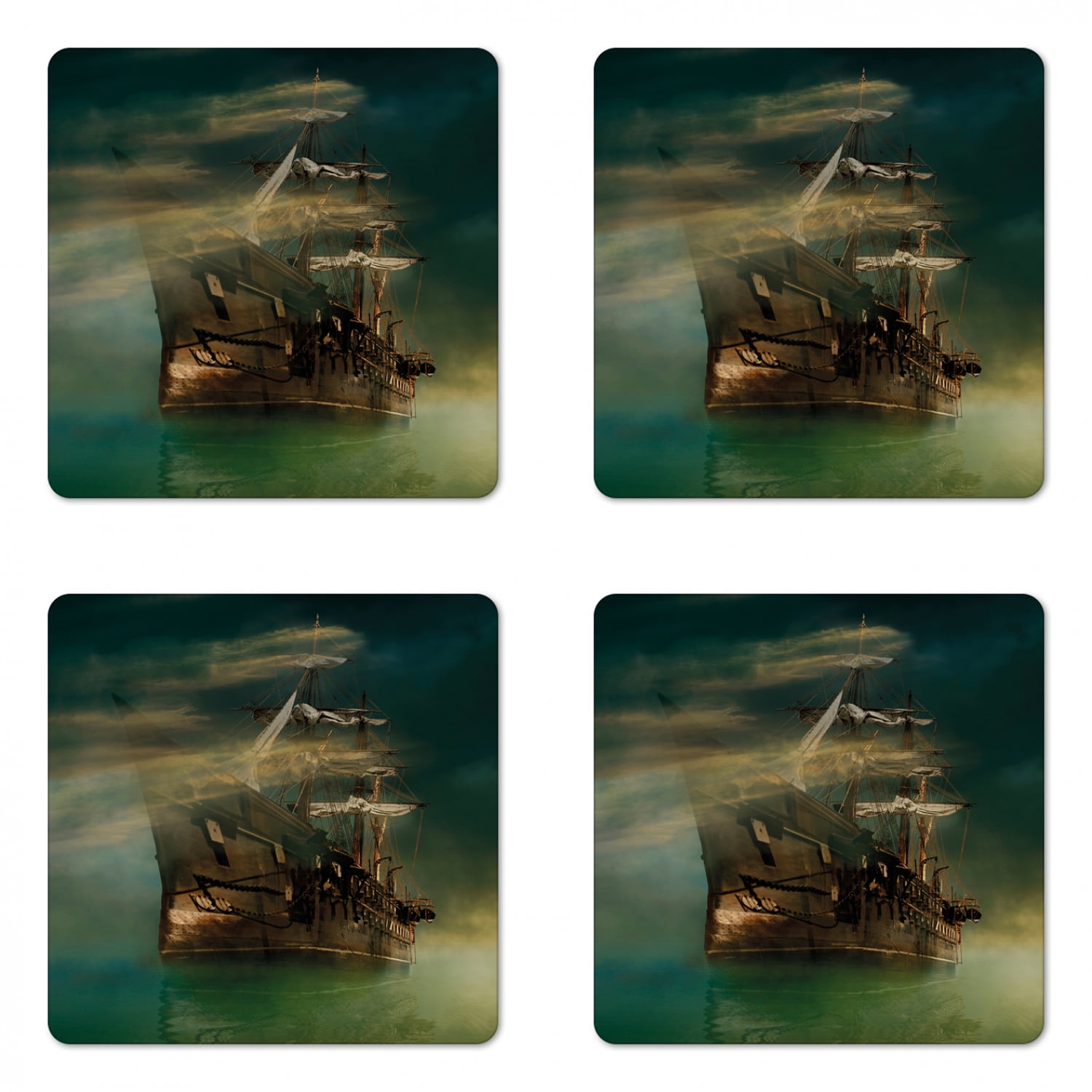 Fantasy Coaster Set of 4, Phantasmagoric Old Ship Sailing on Calm ...