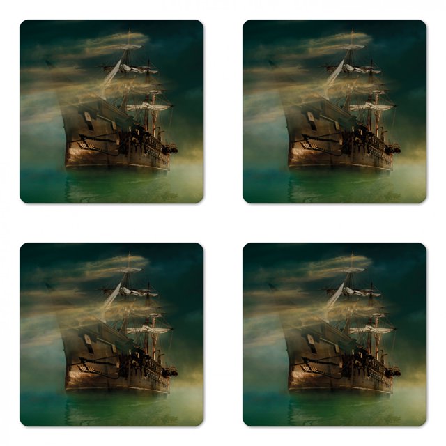Fantasy Coaster Set of 4, Phantasmagoric Old Ship Sailing on Calm ...