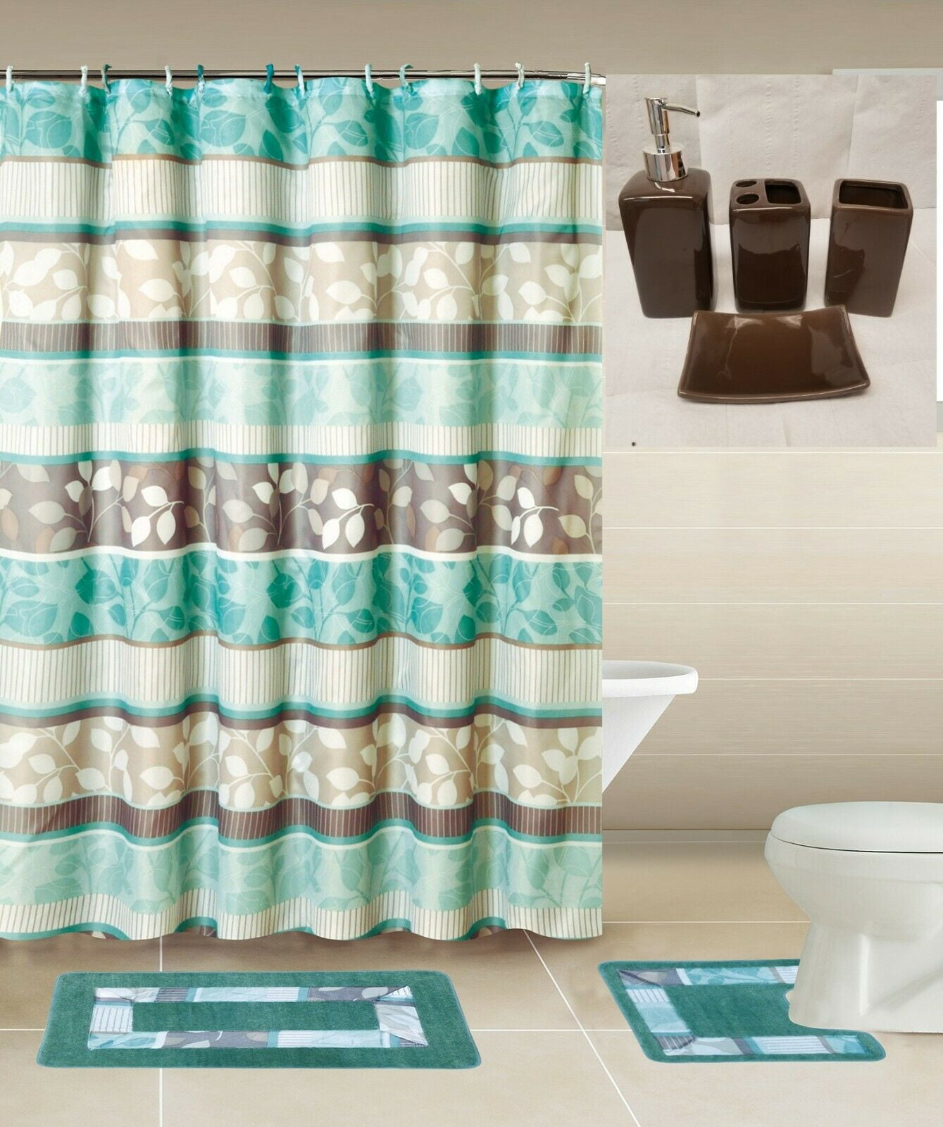 Zen mint Bathroom rug, mat non slip soft shaggy with shower curtain 12 ...