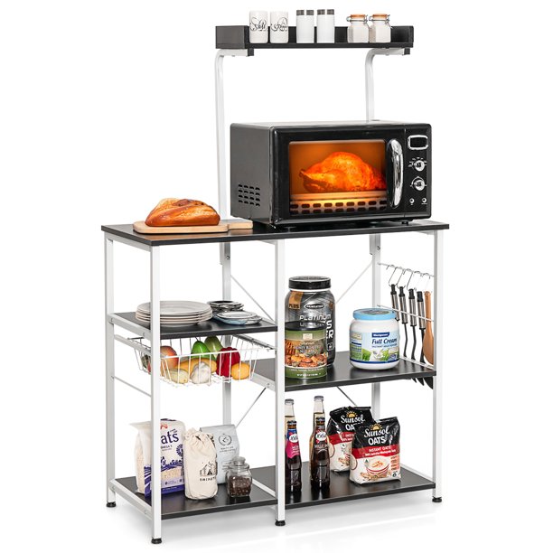 Costway 4-Tier Kitchen Baker's Rack Microwave Stand w/Basket & 5 Hooks ...