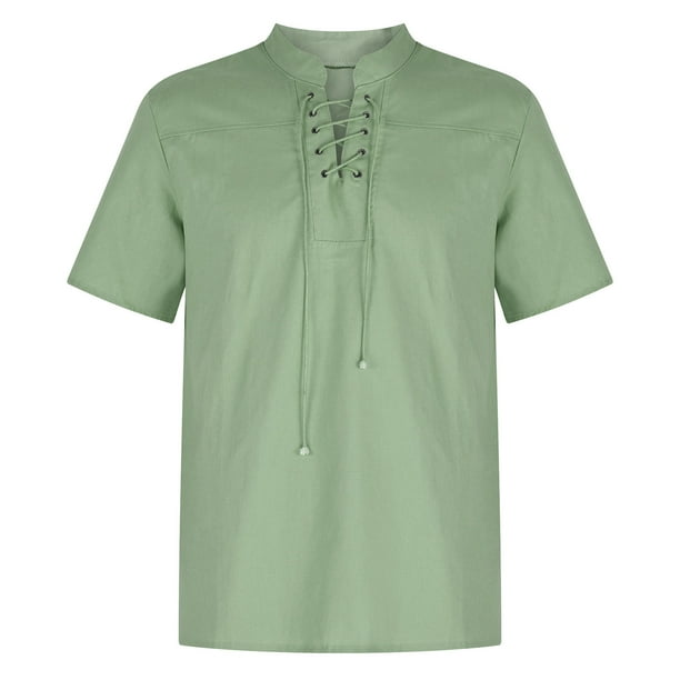 Amidoa Mens Henley Short Sleeve Lace Up Casual Beach Hippie Tee Summer