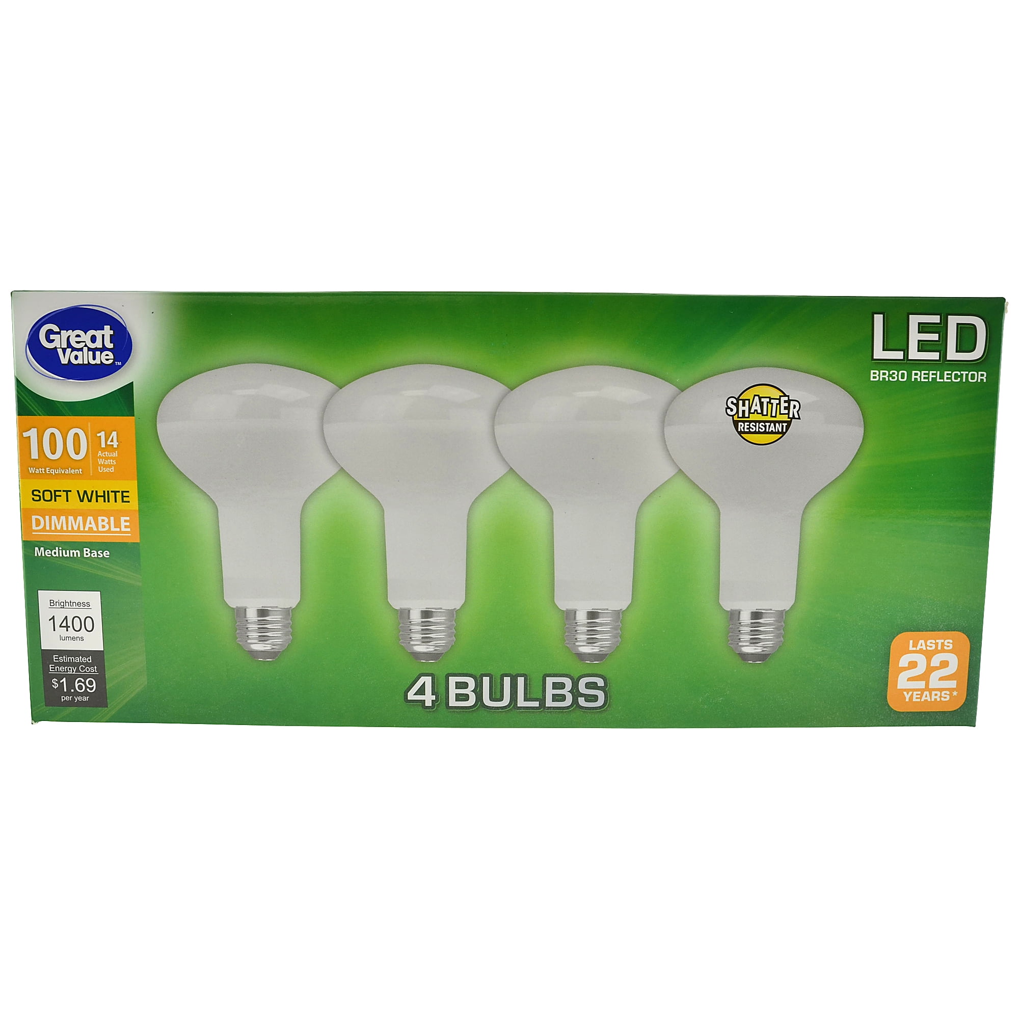 Great Value LED Light Bulb, 14W (100W Equivalent) BR30 Reflector Lamp ...