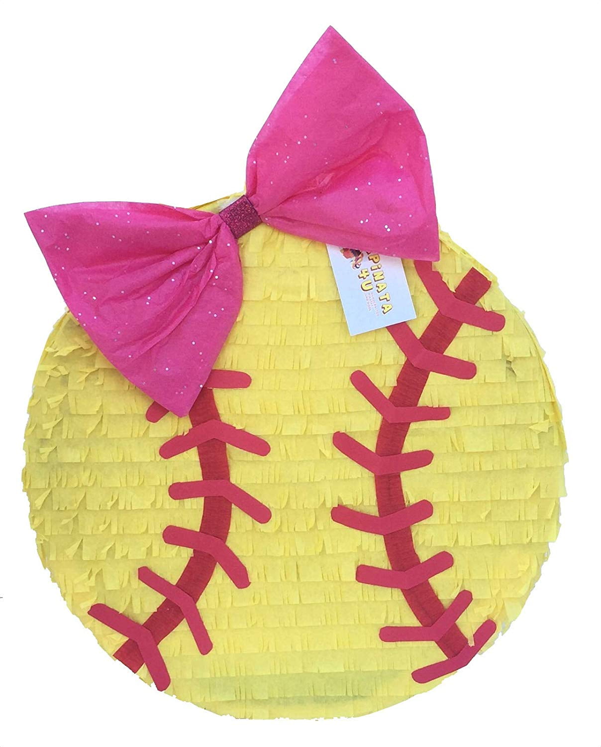 APINATA4U 2-D Yellow Softball Pinata with Glittery Pink Bow Accent 16 ...