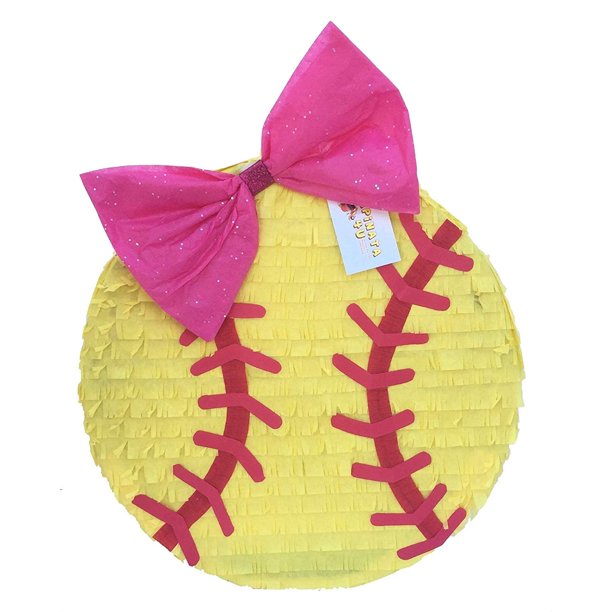APINATA4U 2-D Yellow Softball Pinata with Glittery Pink Bow Accent 16 ...