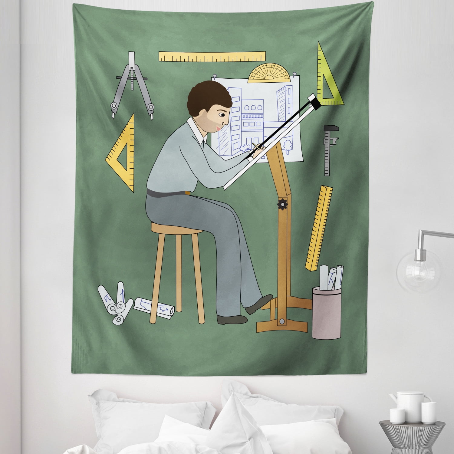 Engineering Theme Tapestry, Cartoon Drawn Architect Man and His ...