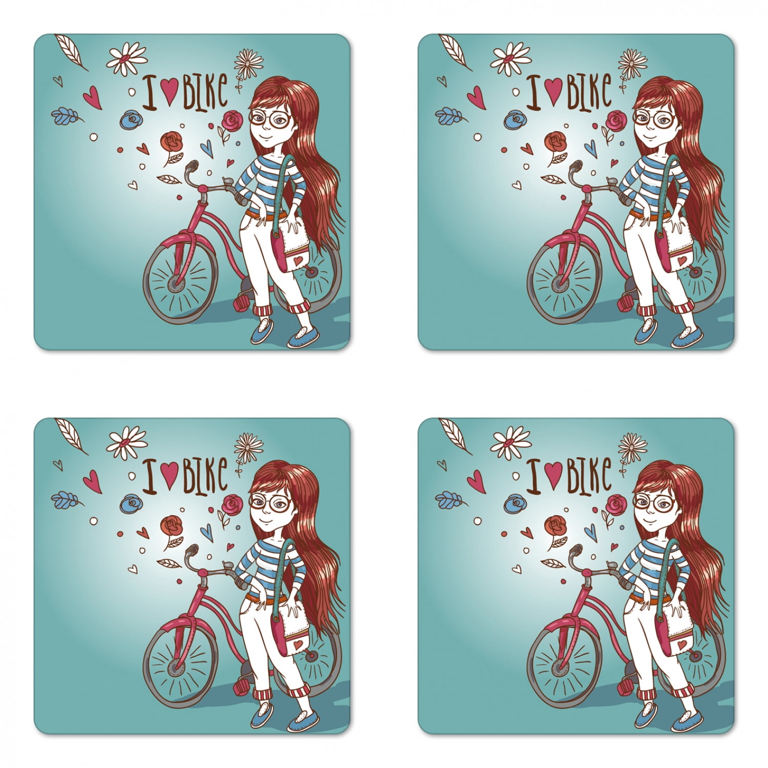 Cartoon Coaster Set of 4, Love My Bike Theme Girl with Bicycle Vintage ...