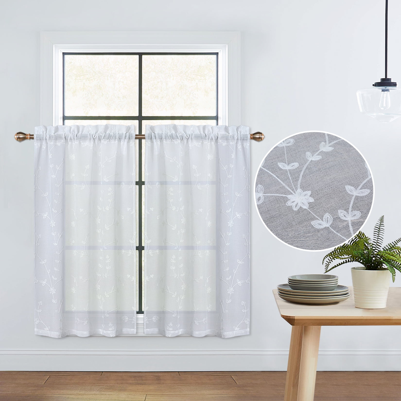 Haperlare Cafe Curtains 26" W x 36" L Sheer Floral Leaf Embroidered ...