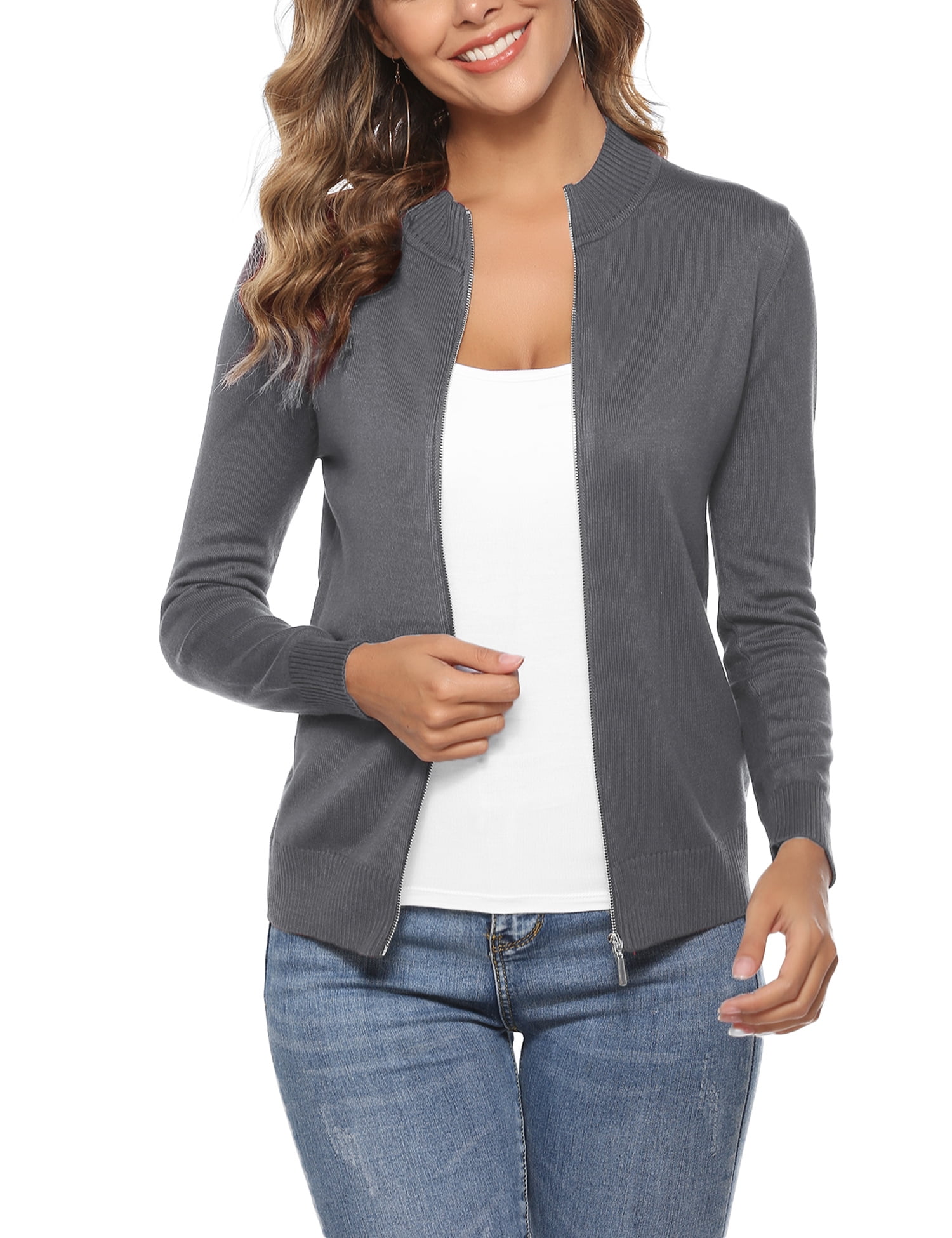 Uniexcosm Womens Sweaters Soft Knit Full Zip Long Sleeve Open Front ...