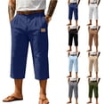 Men's 3/4 Length Linen Cotton Capri Pants Casual Pleated Waist Wide Leg ...