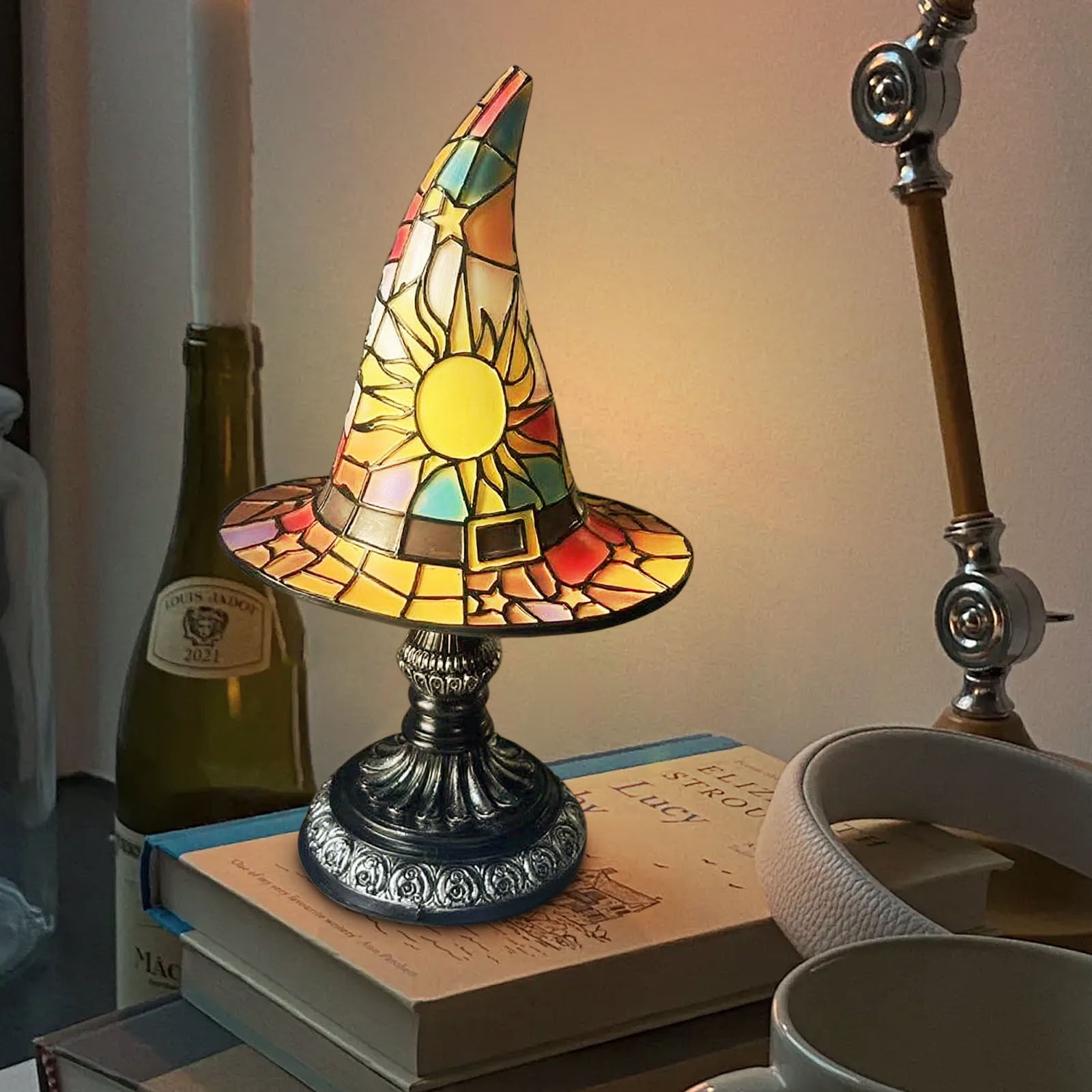 Lámpara de sombrero de bruja con luces nocturnas, lámpara de vitral con ...