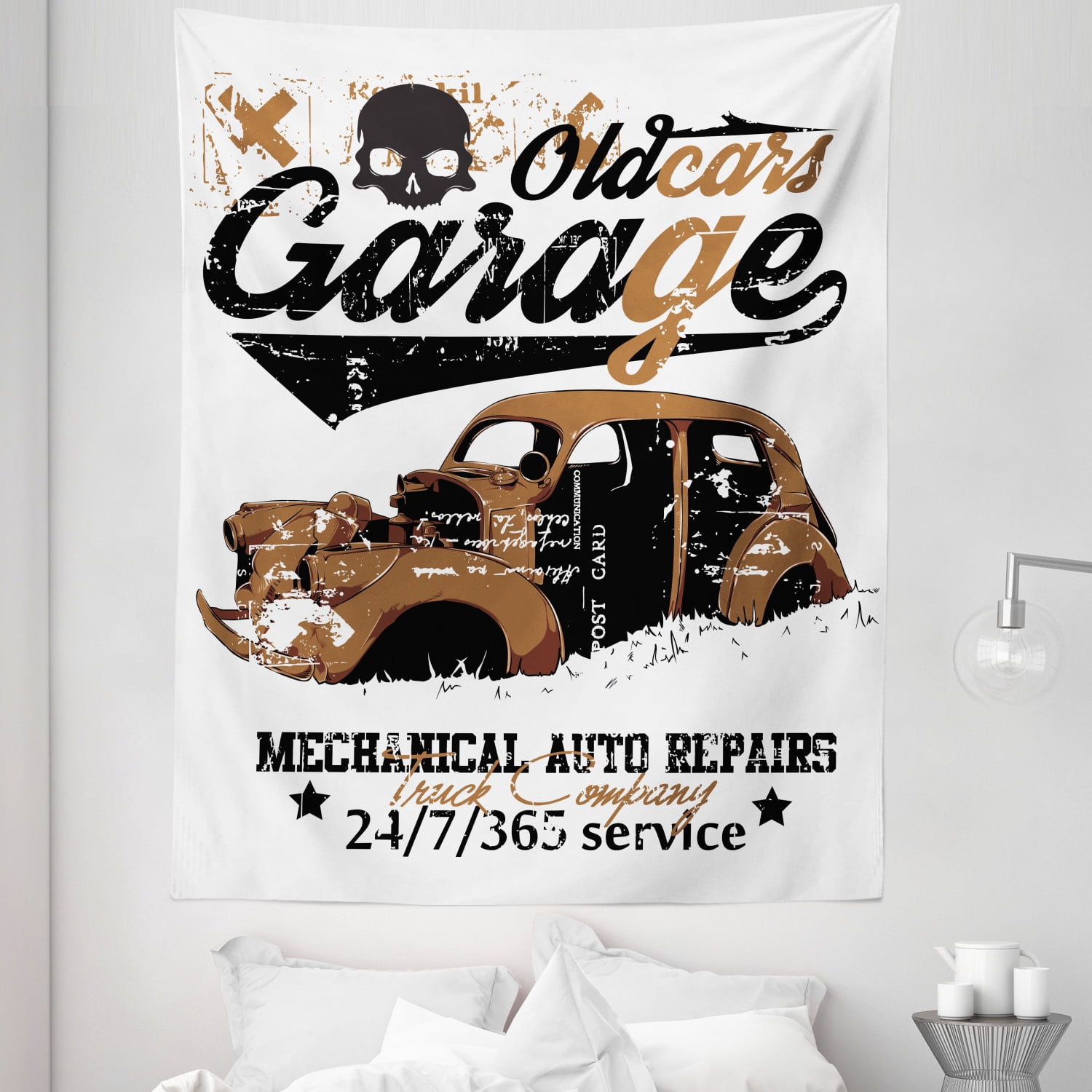 Cars Tapestry, Old Garage Mechanical Auto Repairs Truck Company Skull ...