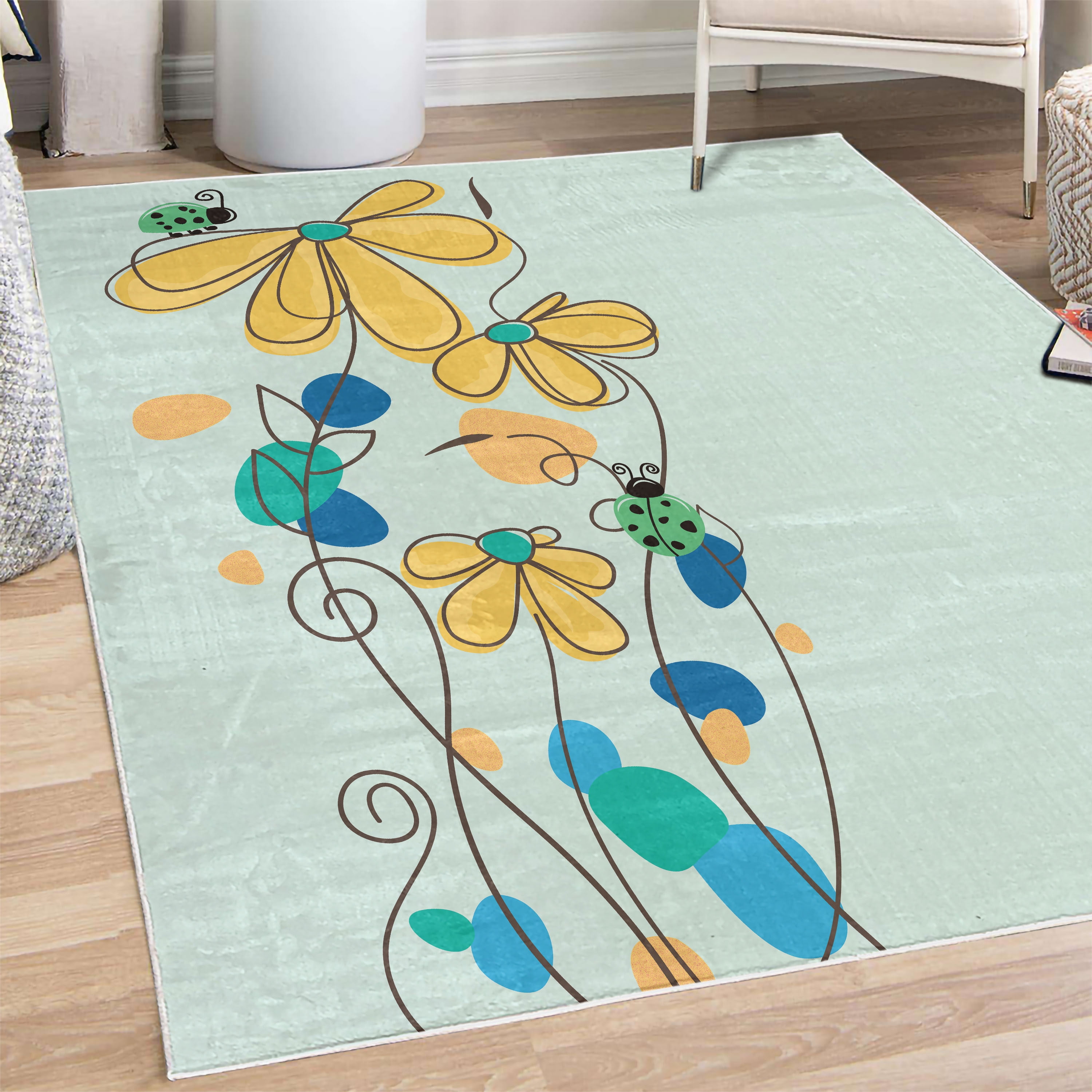 Spring Decorative Rug, Flowers Oval Dome-Shaped Ladybugs Illustration ...