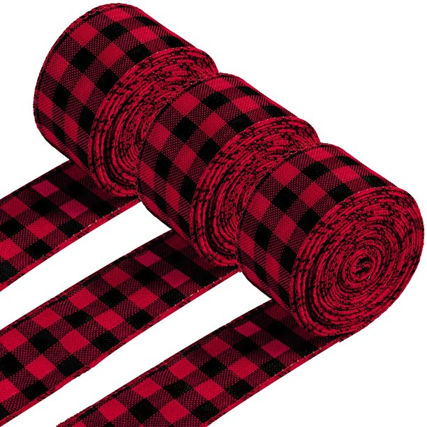 e 3 Rolls of Wired Edge Ribbons 30 Yards x 1 Inch Black Red Buffalo ...