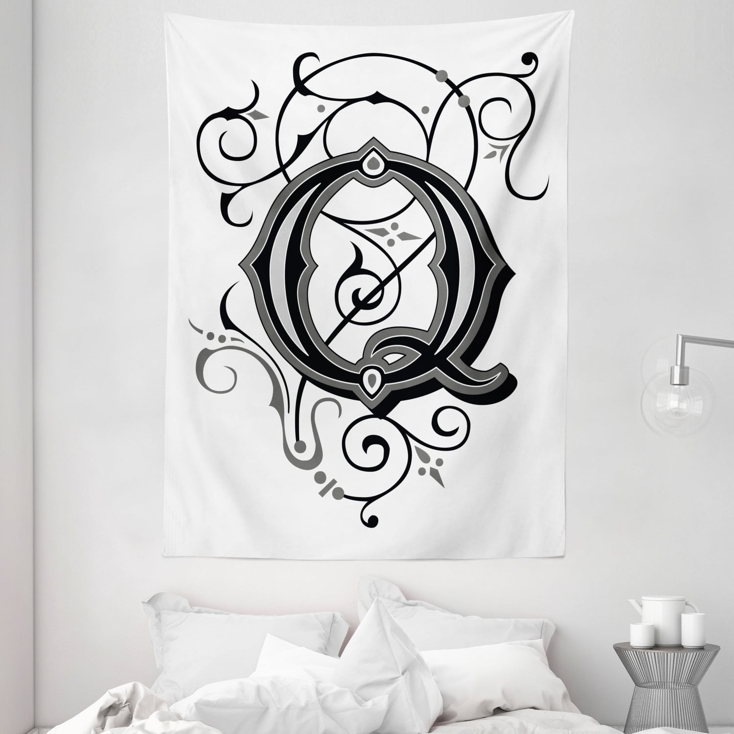 Letter Q Tapestry, Flowers Flourishing Gothic Q Words Writing Artistic ...