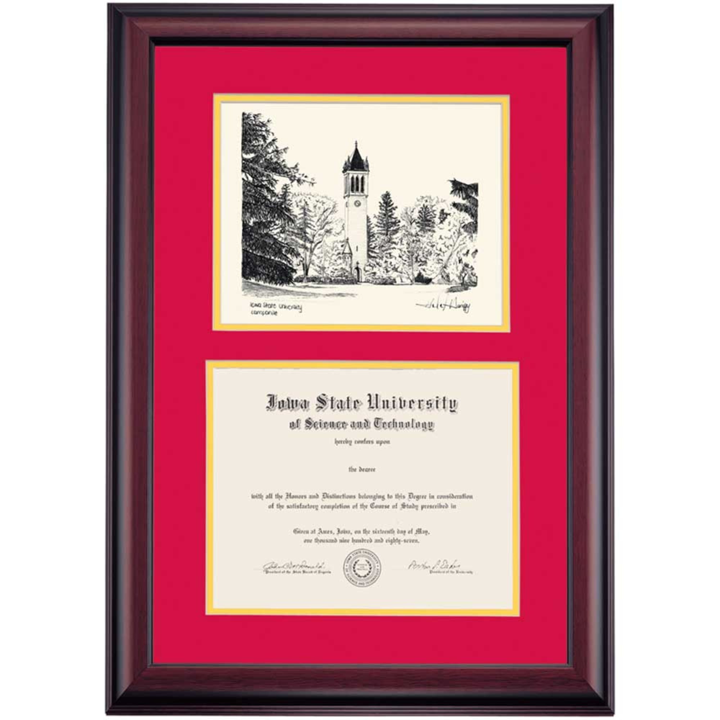 OCM Diploma Frame for Iowa State University ISU, Cherry/Yellow Mat with ...