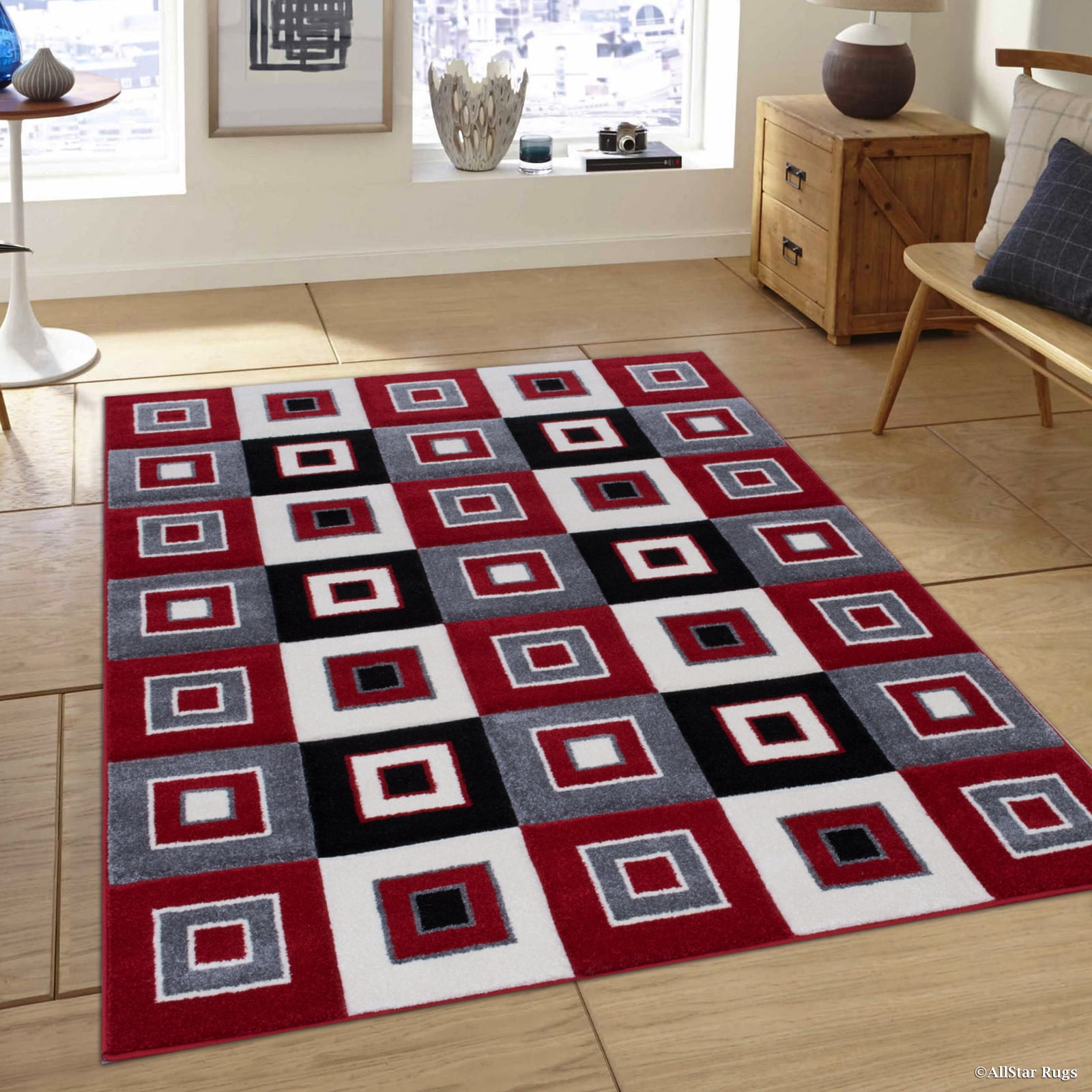 Red Allstar with Grey Modern Geometric Square Design Area Rug (3' 9" x ...