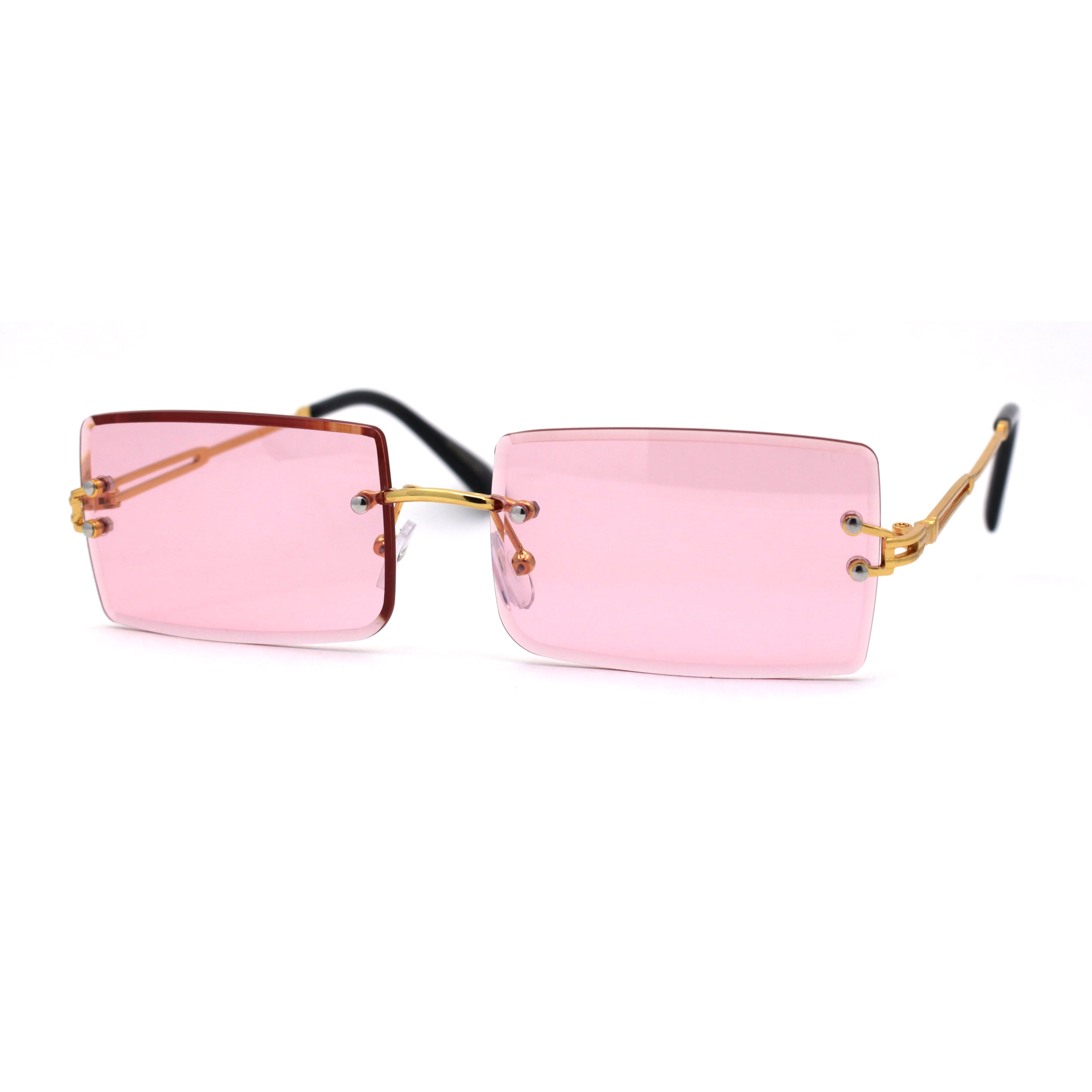 Luxury Hippie Style Rimless Bevel Rectangle Lens Sunglasses Gold Pink ...
