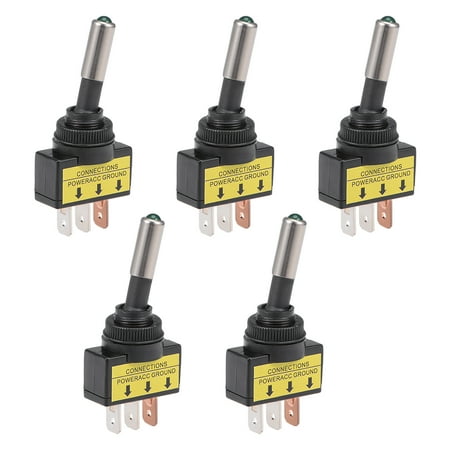5Pcs SPST Latching Rocker Toggle Switch Green LED Light 20A 12V 3P ON ...