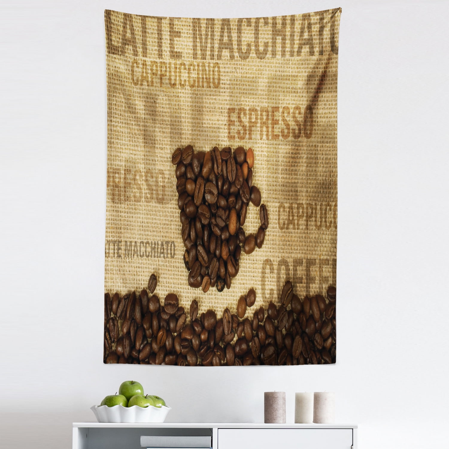 Brown Tapestry, Coffee Beans Shaped in Mug and Coffee Types Letterings ...