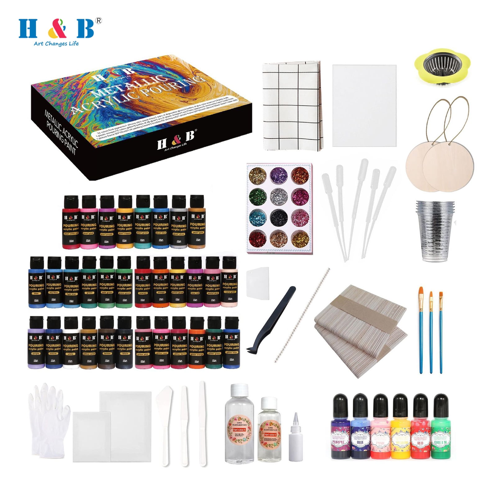 H&B 32 Colors Pouring Paint Kit, Ready to Pour Acrylic Paint Supplies ...