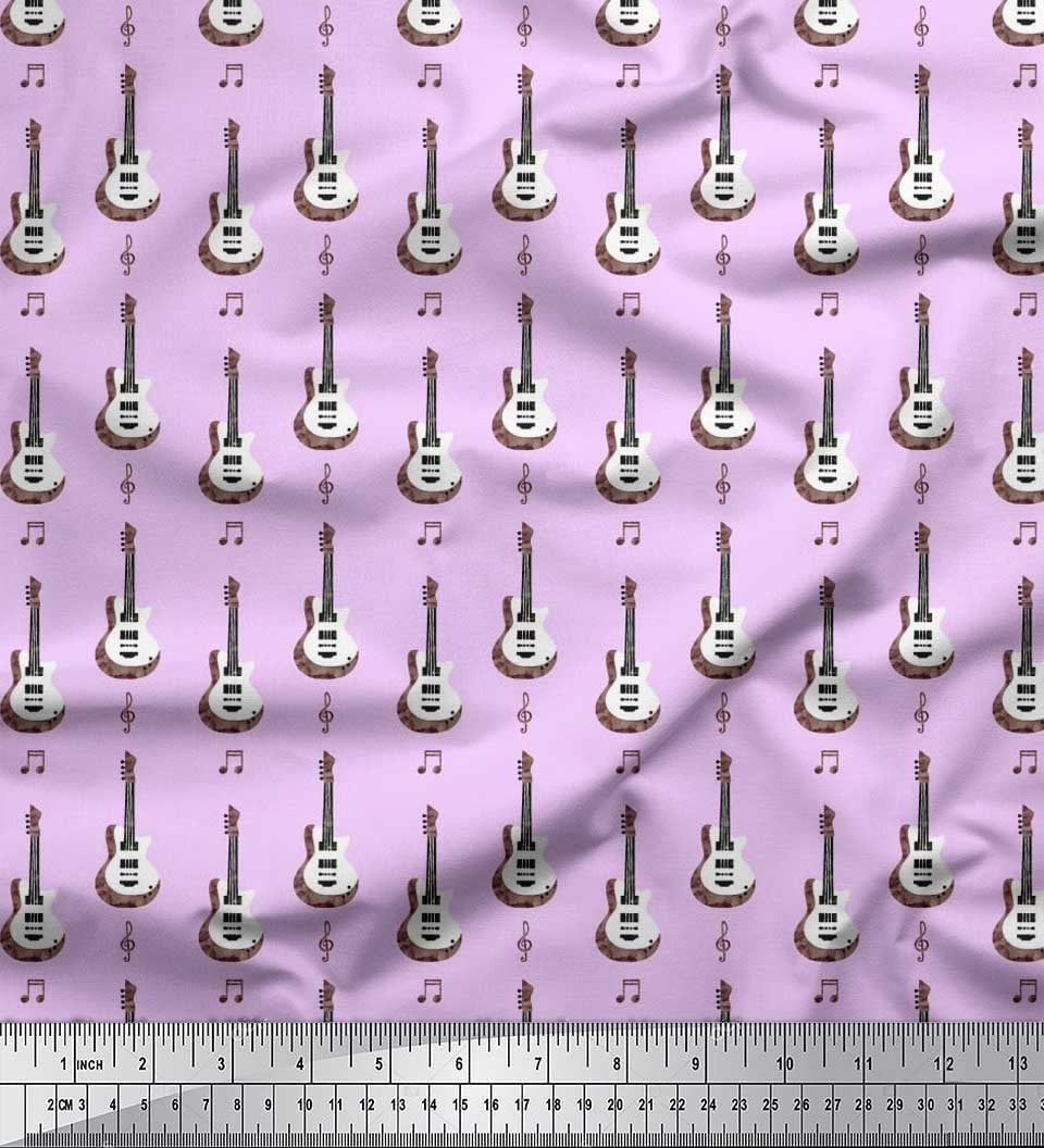 Soimoi Polyester Crepe Fabric Notes & Guitar Musical Instrument Print ...