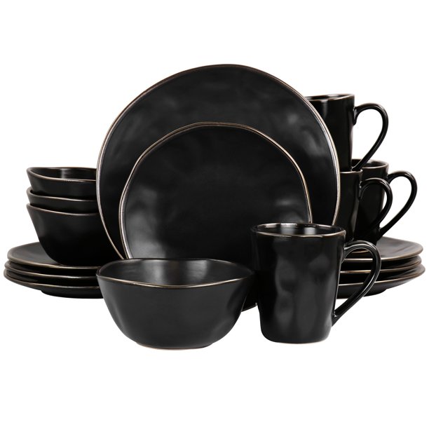 Elama Modern 16 Piece Stoneware Dinnerware Set in Matte Black with Gold ...