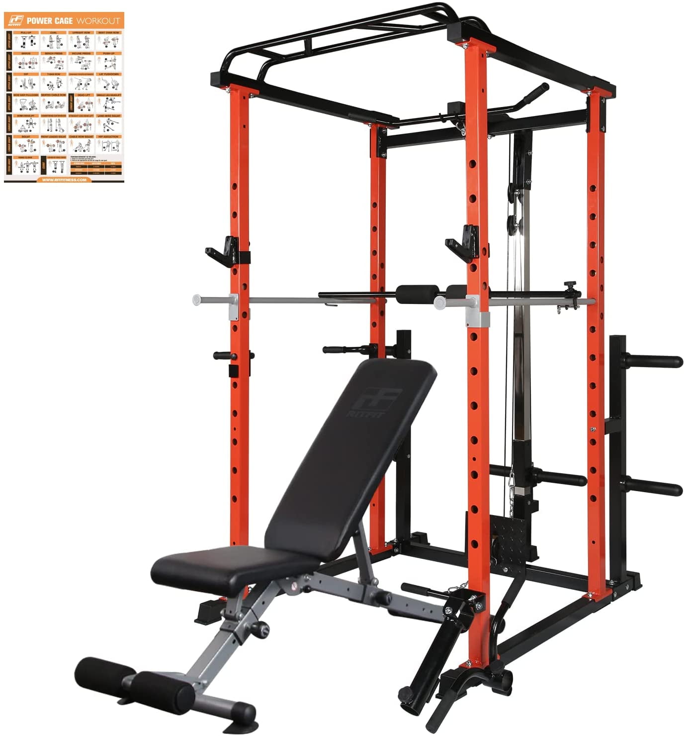 RitFit 1000LB Capacity Power Cage Rack with Adjustable Weight Bench ...