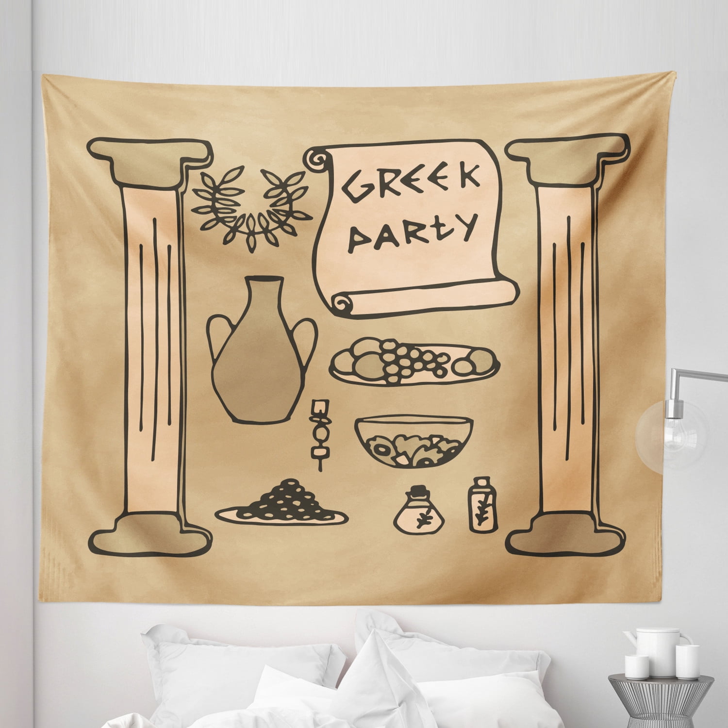 Greek Tapestry, Ornamental Civilization Pillars Pots Wreath and Food ...