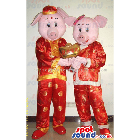 Pig Couple SPOTSOUND Mascots Wearing Red And Golden Oriental Clothes ...