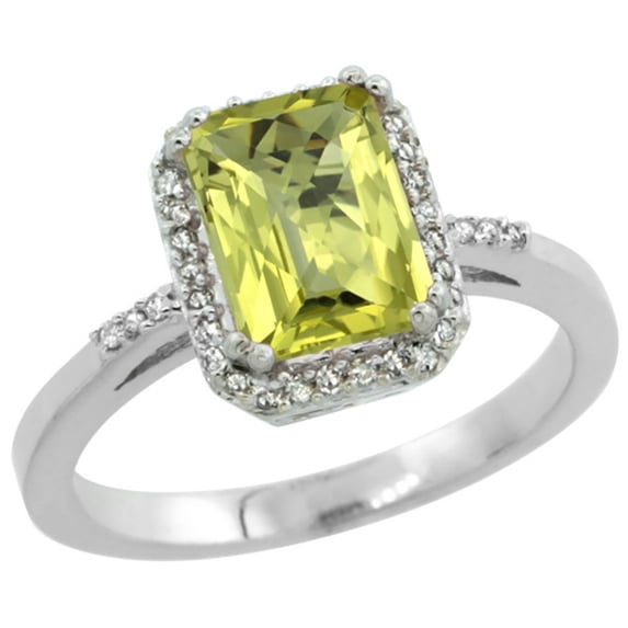 10K White Gold Diamond Natural Lemon Quartz Ring Emerald-cut 8x6mm ...