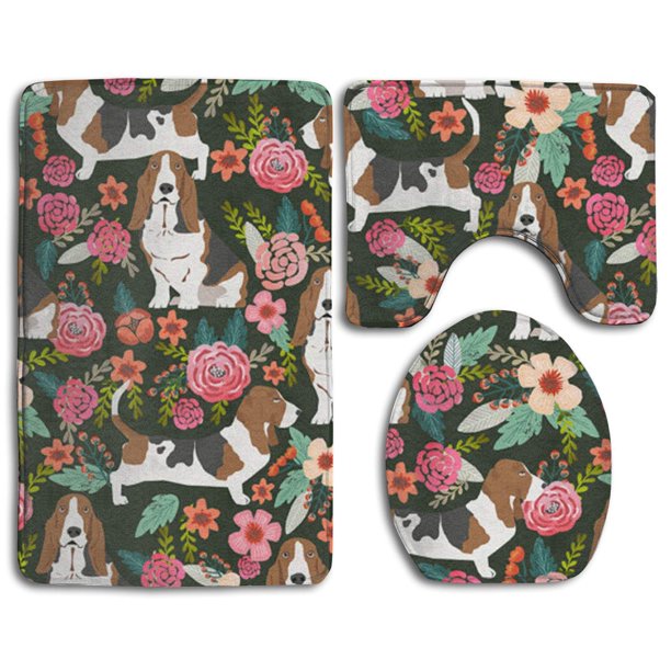 JSDART Basset Hound Dog Floral 3 Piece Bathroom Rugs Set Bath Rug ...