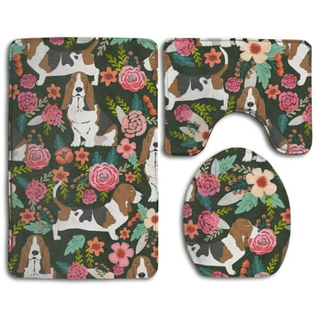 JSDART Basset Hound Dog Floral 3 Piece Bathroom Rugs Set Bath Rug ...