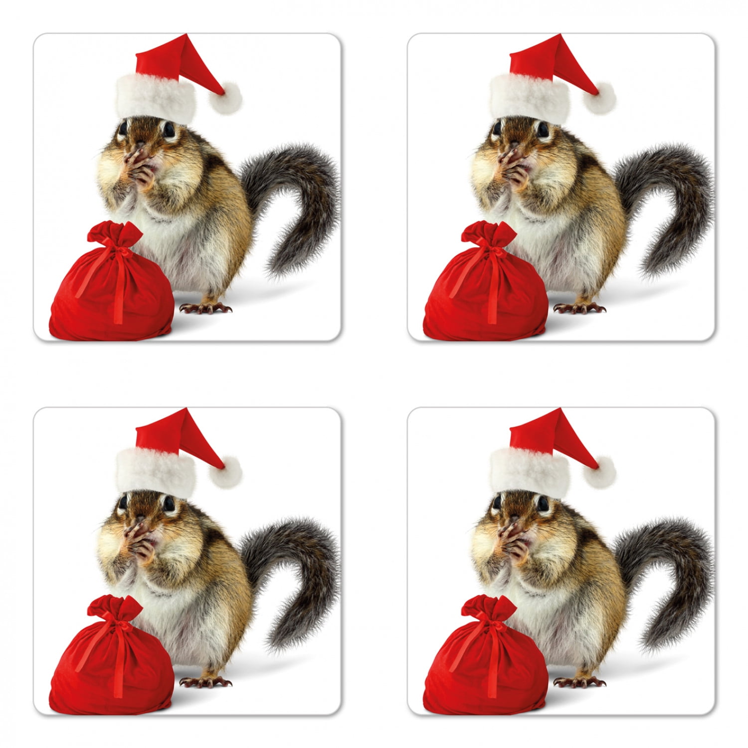 Christmas Coaster Set of 4, Chipmunk in Red Santa Claus Hat and Bag ...