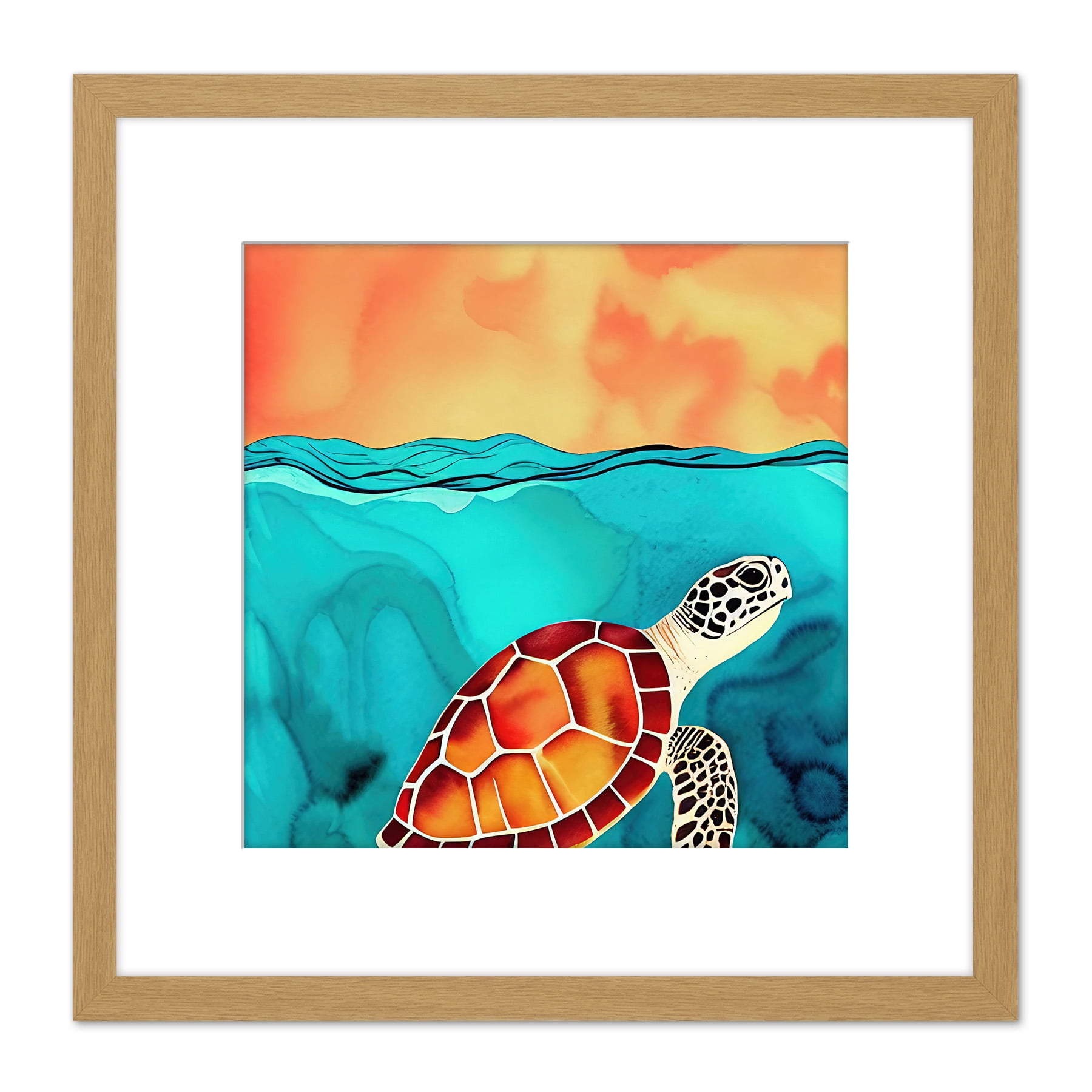 Red Shelled Loggerhead Sea Turtle Illustration Square Wooden Framed ...